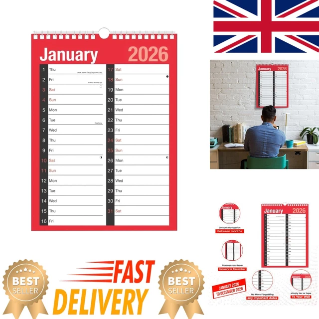 2026 WALL PLANNER - A4 Spiral Bound Calendar with Important UK Dates ...