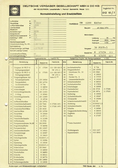 DATENBLATT / EINSTELLEN / Ersatzteile Solex 30 PICT-3 Vergaser - VW ...
