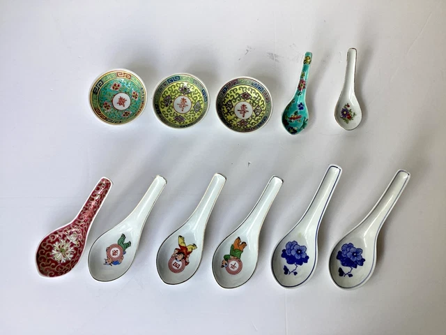 SET OF 11 Vintage Chinese Famille Verte Porcelain Spoons & Sauce Dishes ...