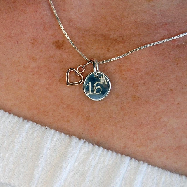 STERLING SILVER NECKLACE Engraved Disc & Rose Gold Plated Heart Pendant ...