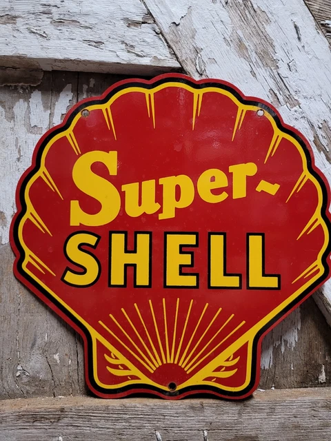 VINTAGE SUPER SHELL Porcelain Sign Motor Oil Gas Station Service Pump ...