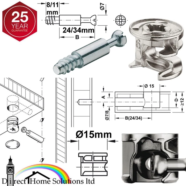 HAFELE MINIFIX S100 Ø15mm CAM LOCK BOLTS & FIXING DOWELS FURNITURE FIT ...