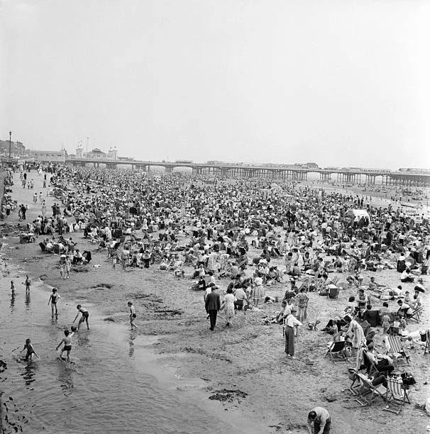 BANK HOLIDAY AT Blackpool. Beach scenes/crowds/sunbathing 1960 OLD ...