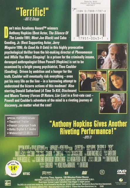 INSTINCT (DVD) ANTHONY Hopkins Cuba Gooding Jr. Donald Sutherland Maura ...