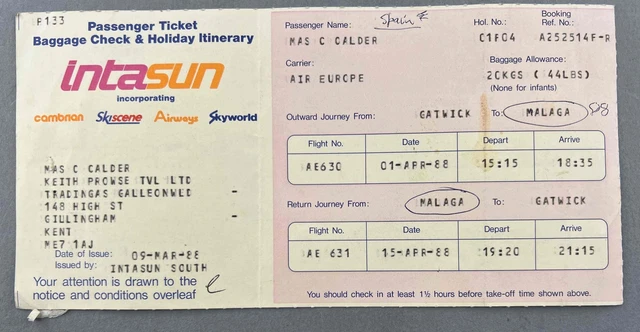 INTASUN HOLIDAYS AIR Europe Vintage Used Airline Ticket London - Malaga ...