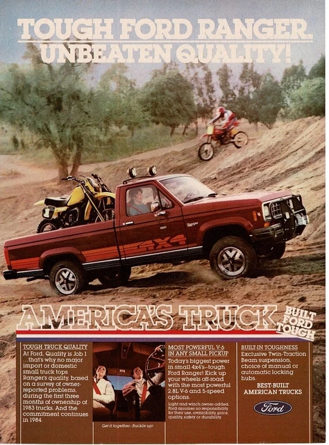 1984 FORD RANGER 4x4 Red Pickup Truck hauling motorcycles Vintage Print ...