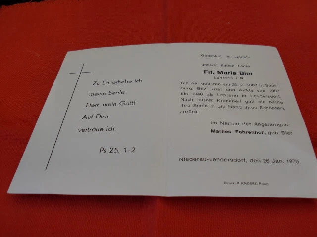 STERBEBILD, TOTENZETTEL. "Frl. Maria Bier Lehrerin i,R.". EUR 1,00 ...