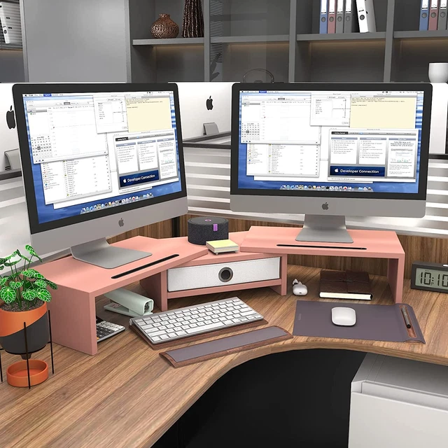 DUAL MONITOR STAND Riser with Drawer, 3 Shelf Computer Monitor Riser ...