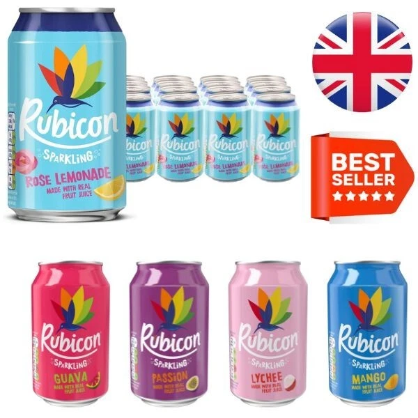 RUBICON JUICE SPARKLING Fizzy Drink Cans, 330ml Pack of 24 All Flavour ...