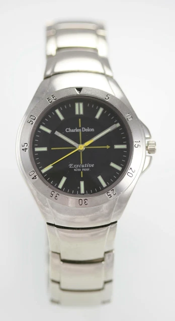 CHARLES DELON RELOJ Hombres Acero Inoxidable Negro Plata Resistente Al ...
