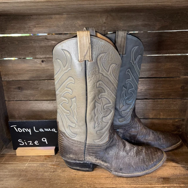 MENS TONY LAMA Gray Lizard Skin Leather Roper Western Cowboy Boots Size ...