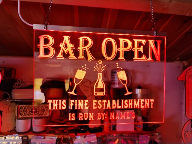 PERSONALISED BAR SIGN light up wine Bar Open LED mancave pub beer neon ...
