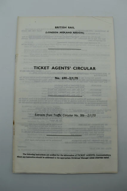 BRITISH RAIL (LM Region) Ticket Agents' Circular No 690 2/1/70 EUR 6,28 ...