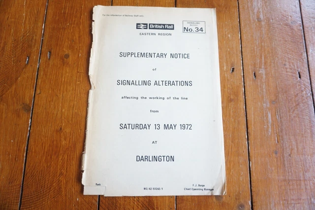 1972 DARLINGTON SIGNAL Box Railway Signalling Diagram Notice Map ...