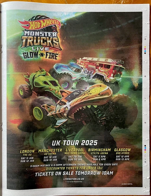 HOT WHEELS MONSTER Trucks Live UK Tour 2025 Newspaper Advert Poster ...