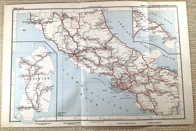 1905 ANTIQUE RAILWAY Map of Italian Rail Railroad Routes Italy Naples ...