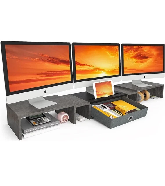 TRIPLE DUAL MONITOR Stand Riser with Drawer,Extra Large Adjustable for ...