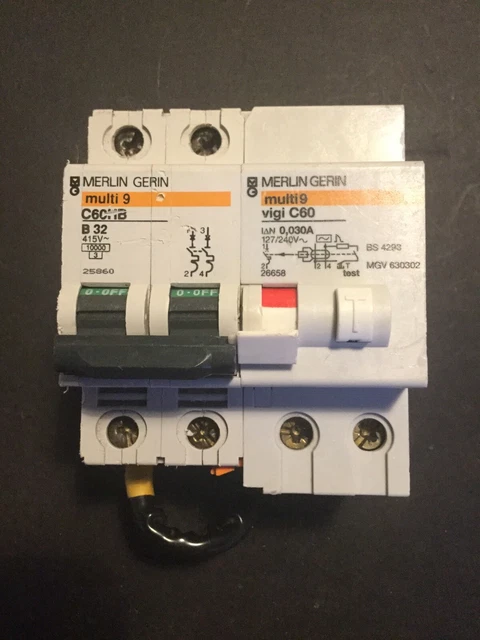 MERLIN GERIN C60HB B32 Double Pole MCB Complete With Vigi C60 30mA RCD ...
