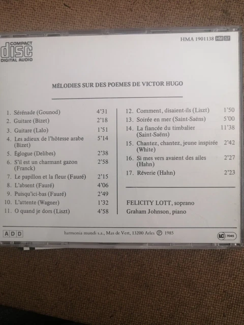 MELODIES ON THE Poems of Victor Hugo - Felicity Lott (soprano) $9.99 ...