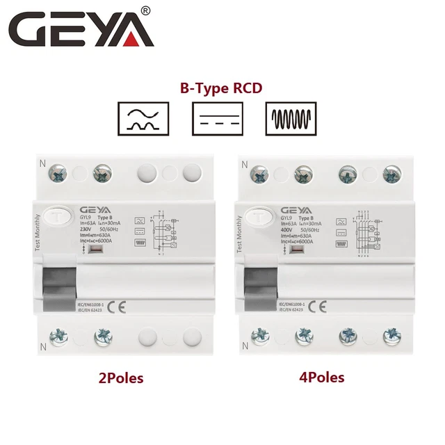 DISJONCTEUR GEYA TYPE B ELCB RCCB RCD 2 pôles 4 pôles 40/63 amp 30/300 ...