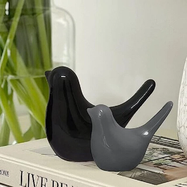 CERAMIC FIGURINES LOVING Birds For Office Desk Black & Grey Color Set ...