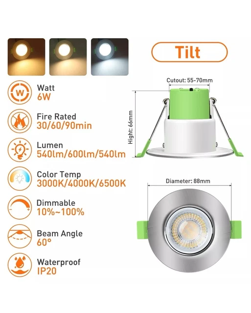 FIXED/TILT FIRE RATED Downlight 3CCT Spotlight Recess 6W Adjustable ...