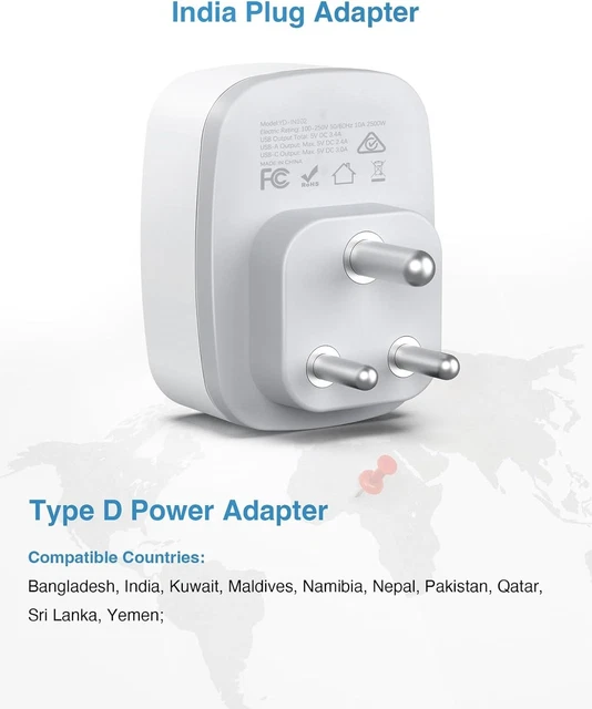 TRAVEL ADAPTER FOR India - AU to Type D 3 Pin Plug With 2 USB-C and 2 ...