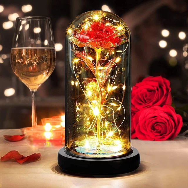 ROSE NIGHT LIGHT In Glass Dome LED Light Birthday Decor Valentine Day ...