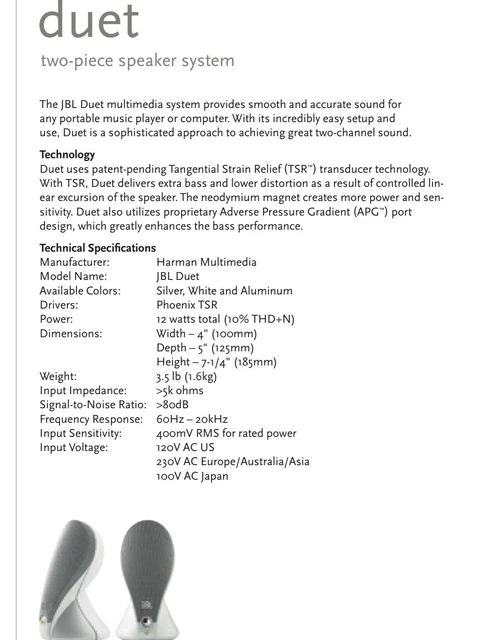 JBL DUET ALUMINIUM Two Piece Speaker System Silver £16.15 - PicClick UK