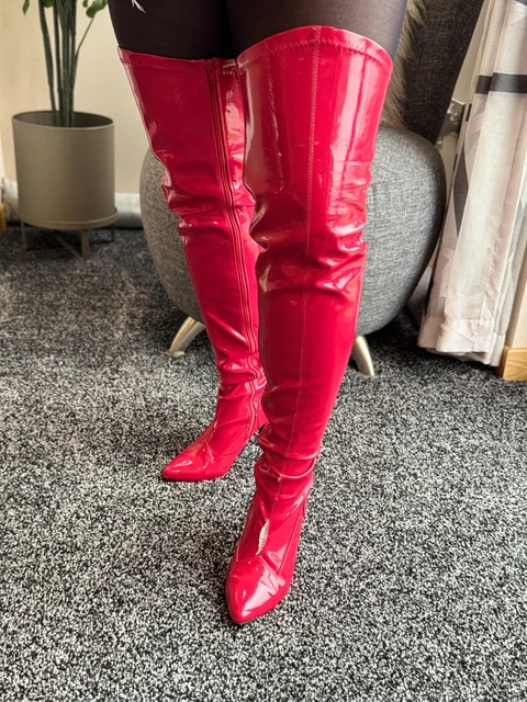 PLEASER SEDUCE 3000 Red PVC Thigh High Boots (well worn) £31.88 ...