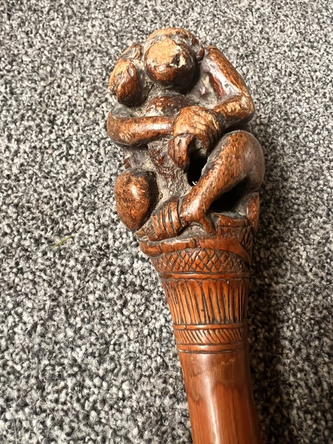 OLD ANTIQUE VINTAGE Japanese Walking Stick Cane Carved Monkey Bamboo ...