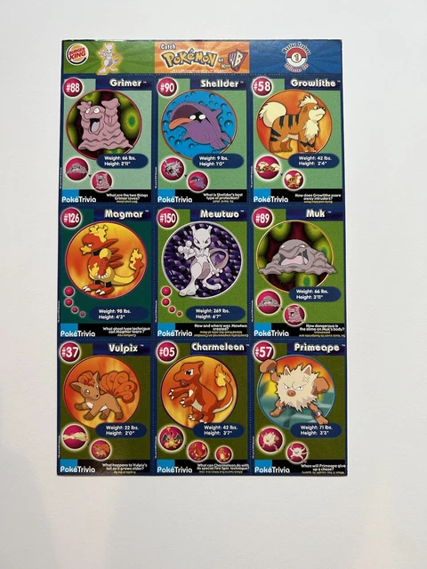 1999 BURGER KING Pokémon Card Uncut Sheets Complete 20 Page Set. LP ...