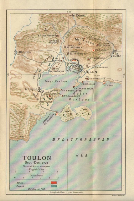 CARTE/PLAN DE BATAILLE ~ TOULON Sep-Dec 1794 POSITIONS DES TROUPES ...