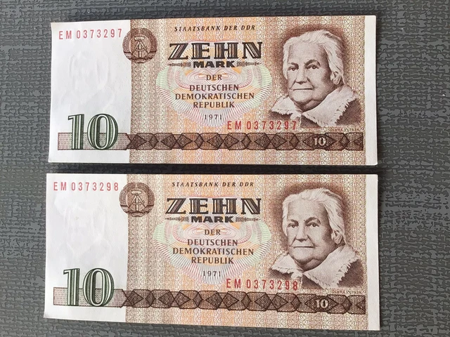 ORIGINAL DDR GELDSCHEIN Geld Schein 10 Zehn Mark Ostmark 1971-2 Stück ...