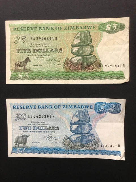 1983 BANK OF Zimbabwe $2 and $5 Banknotes Bison Zebra Tiger Fish £8.00 ...