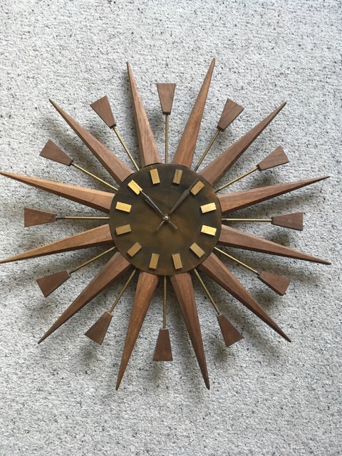 VINTAGE MID CENTURY Manley Sunburst Wall Clock Starburst Teak/Oynx ...