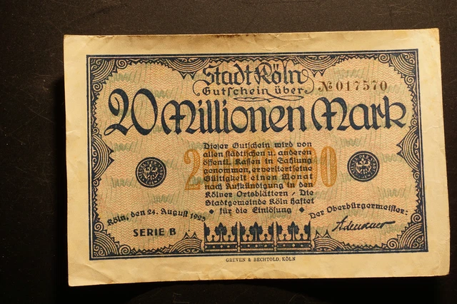 STADT KÖLN 20 Millionen Mark 1923 Gutschein EUR 12,99 - PicClick DE