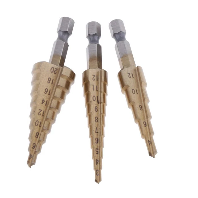 3PCS STEP CONE Drill Bit Set, HSS Steel, Titanium Coated, $18.52 ...