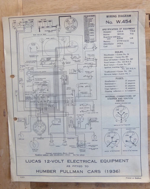 ORIGINAL LUCAS HUMBER Pullman Cars Wiring Diagram 1936 & some 1937 £5. ...