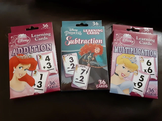 DISNEY PRINCESS MATH flashcards Ariel Cinderella Merida Add Subtract ...