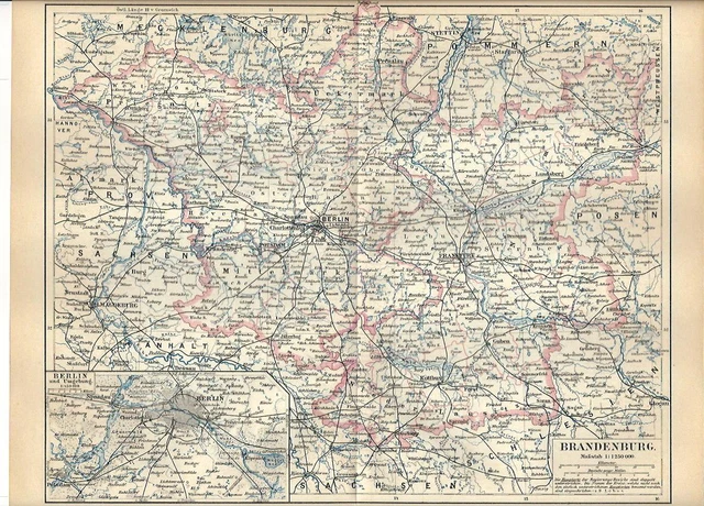 CARTA GEOGRAFICA ANTICA BRANDENBURG Berlino Germania 1890 Old antique ...