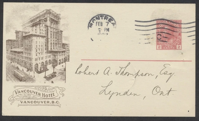 1922 CPR 81C 2c Admiral Sepia View Card Vancouver Hotel Freight Claims ...