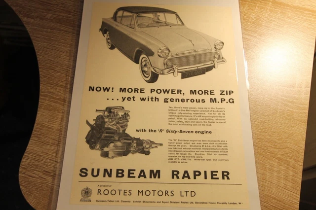 ORIGINAL MAGAZINE ADVERT: SUNBEAM RAPIER 1.4 litre laminated wall-art £ ...