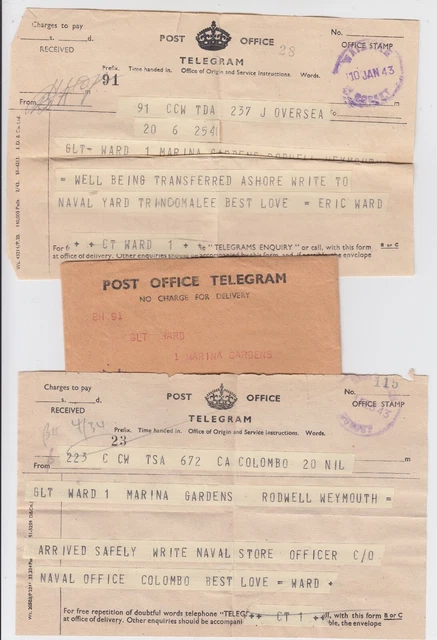 WW2 POST OFFICE Telegram's Naval Office Colombo - Trincomalee to ...