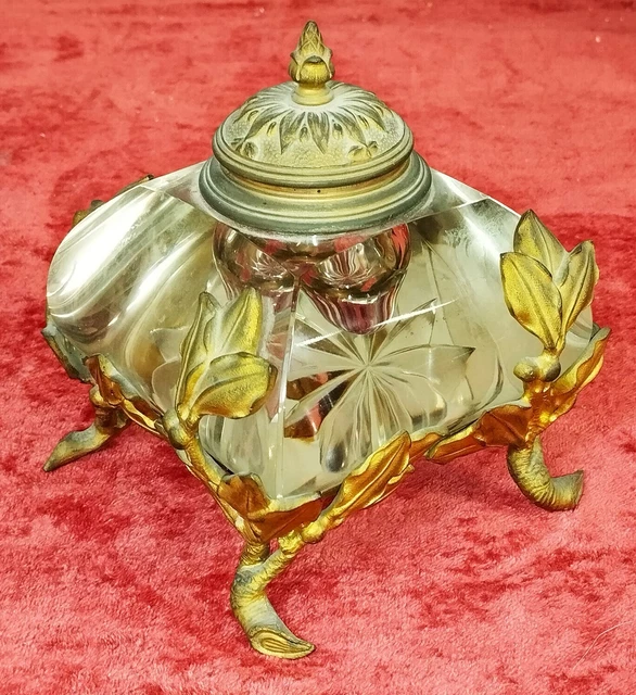 ENCRIER DE TABLE Antique En Verre Sculpté Et Métal Ormoulu. France. Xix ...