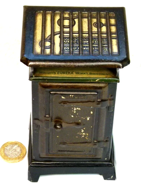 MONEY BOX BANK ANTIQUE TIN PLATE TOY FIGURAL EUREKA GAS STOVE OVEN doll ...