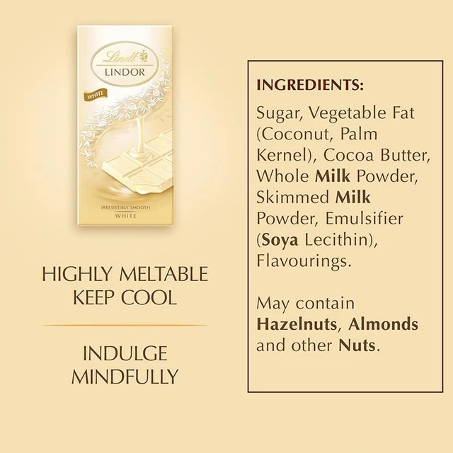 LINDT LINDOR WHITE Chocolate Bar - 100 G - the Perfect Treat ...