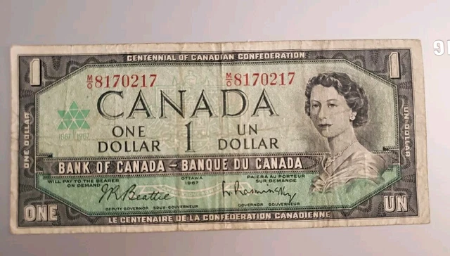CANADIAN 1967 1 Dollar Bill Modified Portrait Beattie/Rasminsky M ...