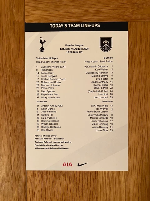 TOTTENHAM HOTSPUR 2025-2026 Season Home Club Double-Sided Colour Team ...