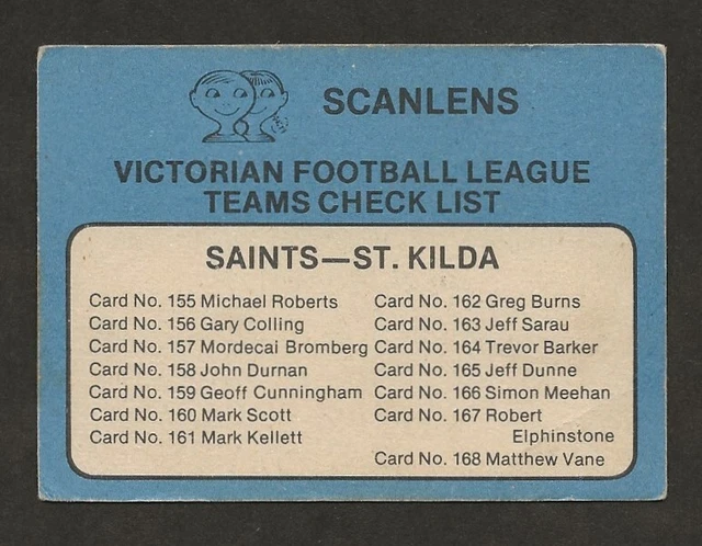 1981 SCANLENS VFL FOOTY CARD ST KILDA Saints CHECKLIST LOGO UNMARKED $2 ...